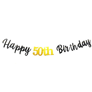 Happy 50th Birthday Banner 50TH Birthday Party Garlands Bunting Sign Photo Props Backgrounds,50 Years Birthday Party Decorations Pre-Strung (Black)