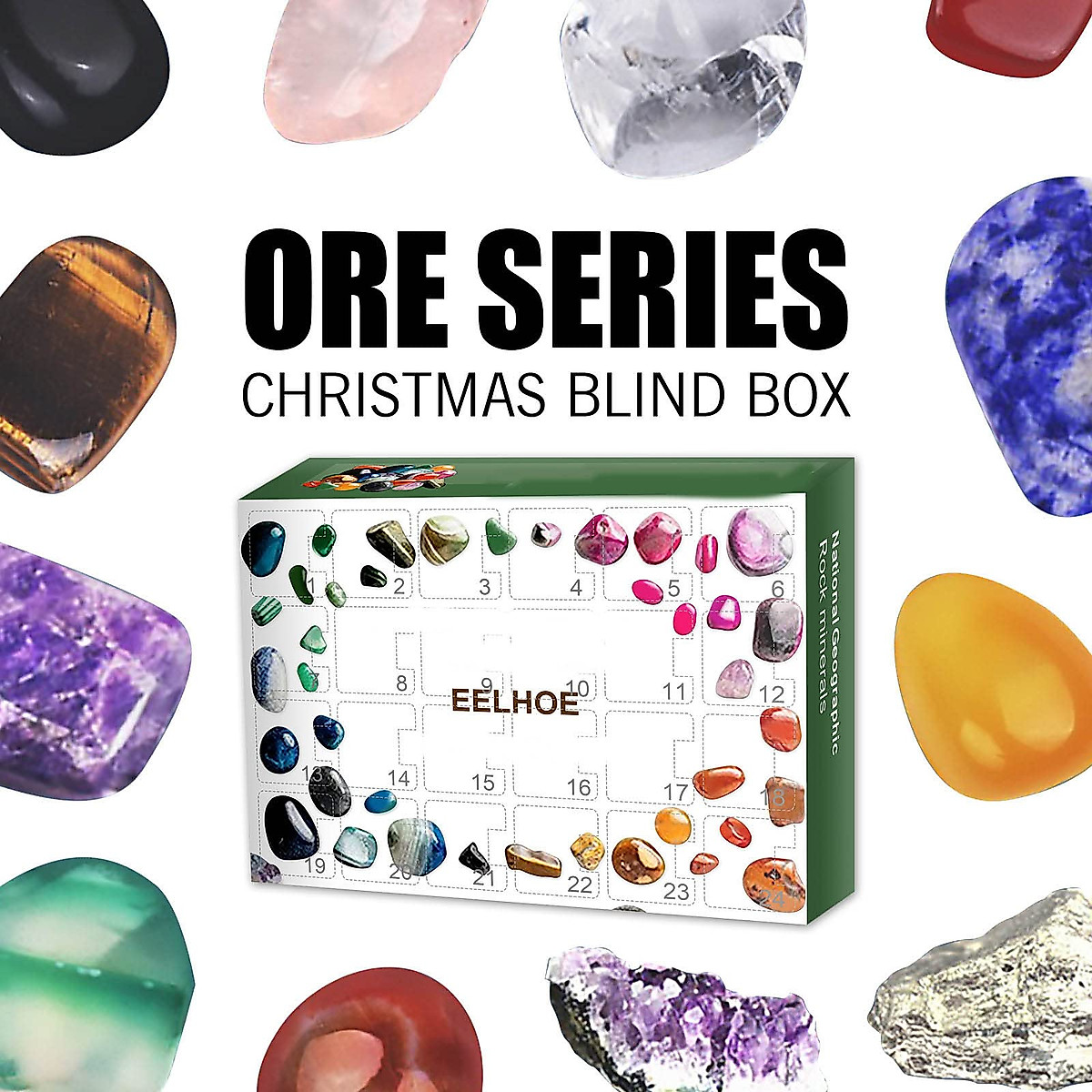 Healing Crystal Advent Calendar,Kids with Rock Collections Pebbles Polished Gravel Christmas Countdown Calendars for Christmas Home Garden Decoration, Surprise Gift Box