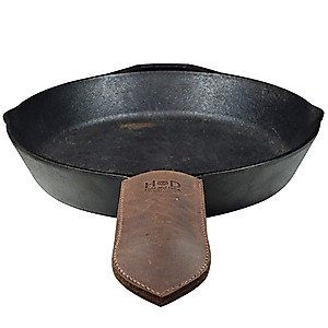 Hide & Drink, Rustic Thick Leather Cast Iron Hot Handle Cover (Large), Skillet Panhandle Grips, Frying Pan, Heat Protection, Kitchen Essentials Handmade Includes 101 Year Warranty :: Bourbon Brown
