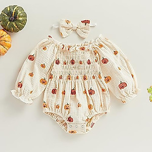 farrubbyine8 Baby Girl Halloween outfit Cute Pumpkin Romper Long Sleeve Bodysuit First Halloween Outfit Newborn Girl Fall Clothes (Beige, 12-18 Months)
