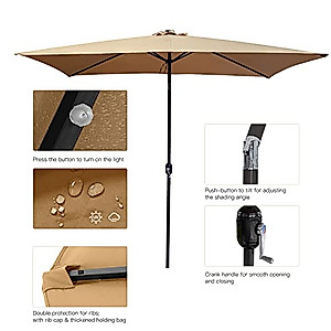 10x6.5ft Tilt umbrella Solar Powered Aluminum Market Umbrella w/ 26 LED Lights, Summer Shade Patio Umbrella w/Tilt Adjustment and Crank, Ideal Choice for Garden, Lawn, Deck, Backyard & Pool, Taupe