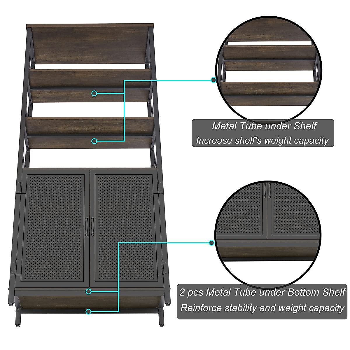 Aubtik Farmhouse Book Shelf with Storage, Industrial Tall Bookshellf with Doors and Shelves, Rustic Wood Bookcase with Cabinet for Home Office, Living Room, Classroom (Walnut Brown)