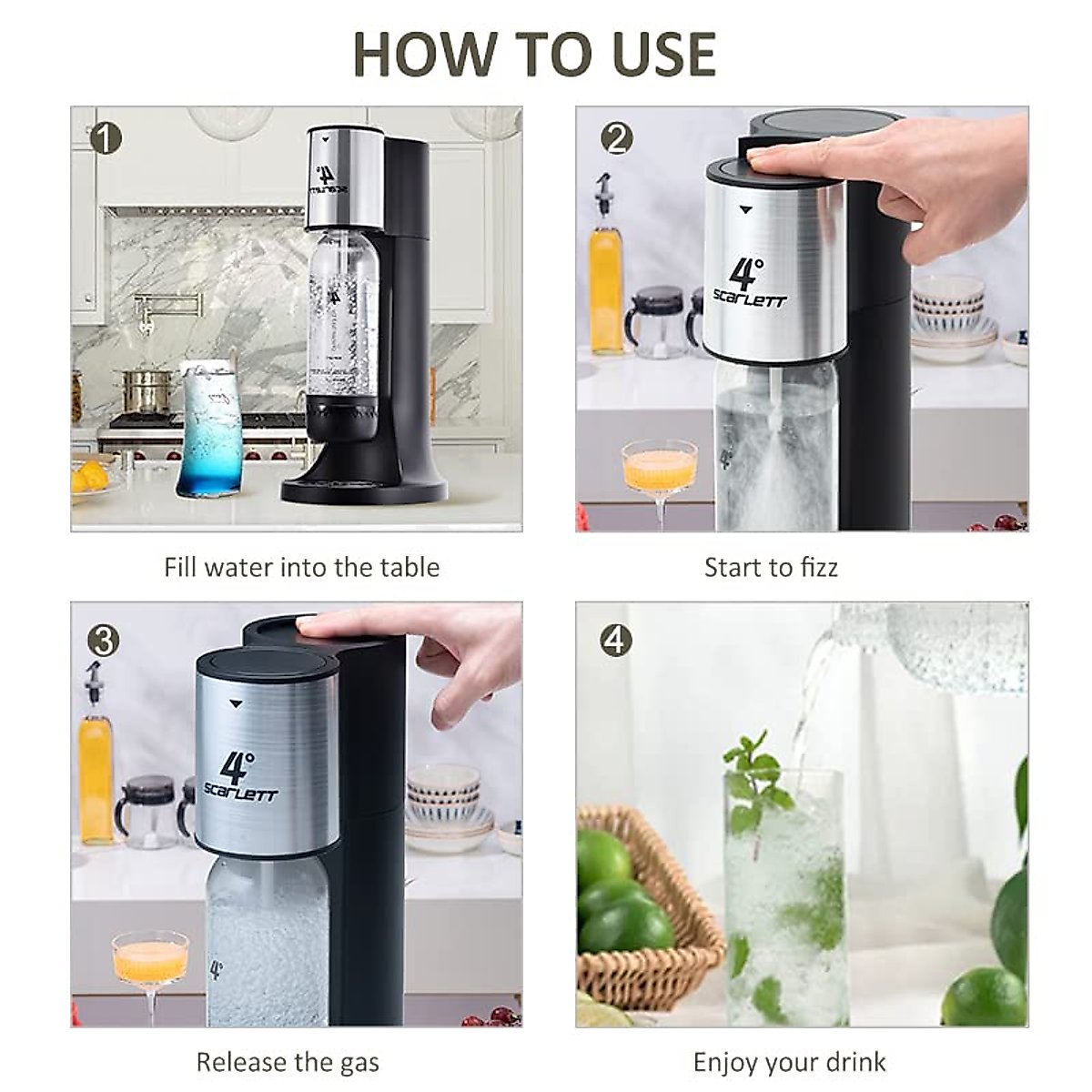 4° Sparkling Water Maker, Carbonated Water Machine and Soda Maker Machine for Home or Office, with 1.0L BPA-free Sparkling Water Bottle, Compatible with Any Screw-in 60L CO2 Carbonator(NOT Included)(Matte Black)