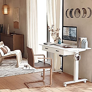 FEZIBO Adjustable Height Electric Standing Desk with Double Drawer, 48 x 24 Inches Stand Up Home Office Desk with Splice Tabletop, White Frame/White Top