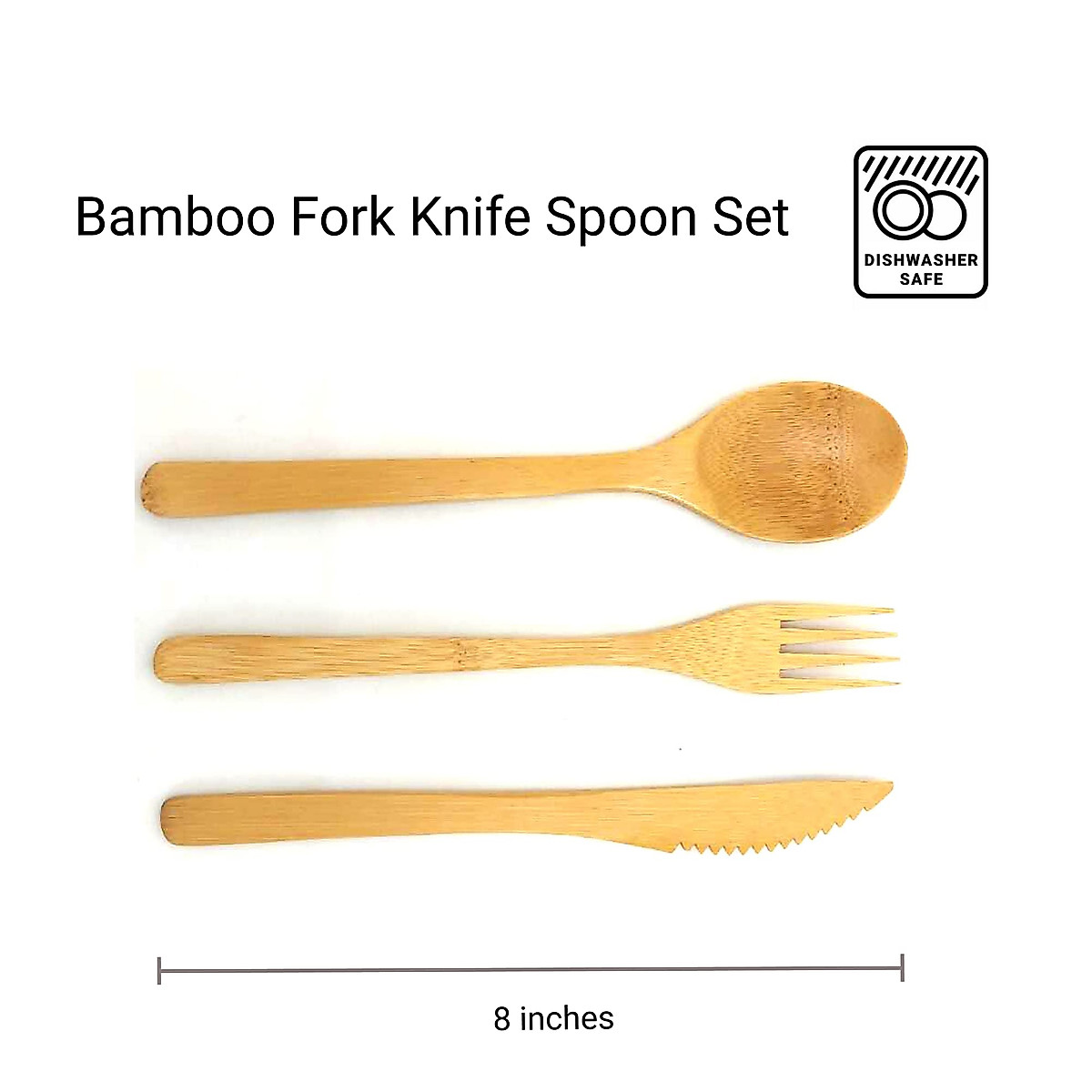 JapanBargain 3785, Bamboo Fork Knife Spoon Cutlery Utensils Flatware Set 3pc Reusable Dishwasher Safe, 8-inch, 1 Set