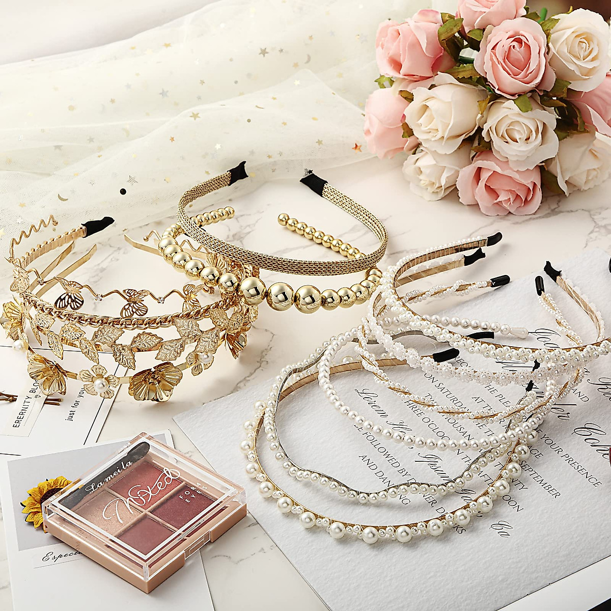 Juinte 12 Pcs Pearls Headband Rhinestones Hairbands Faux Pearl White Bridal Headband Gold Alloy Flower Head Band Metallic Butterfly Hair Hoop Headband Wedding Hair Accessories for Women, 12 Styles