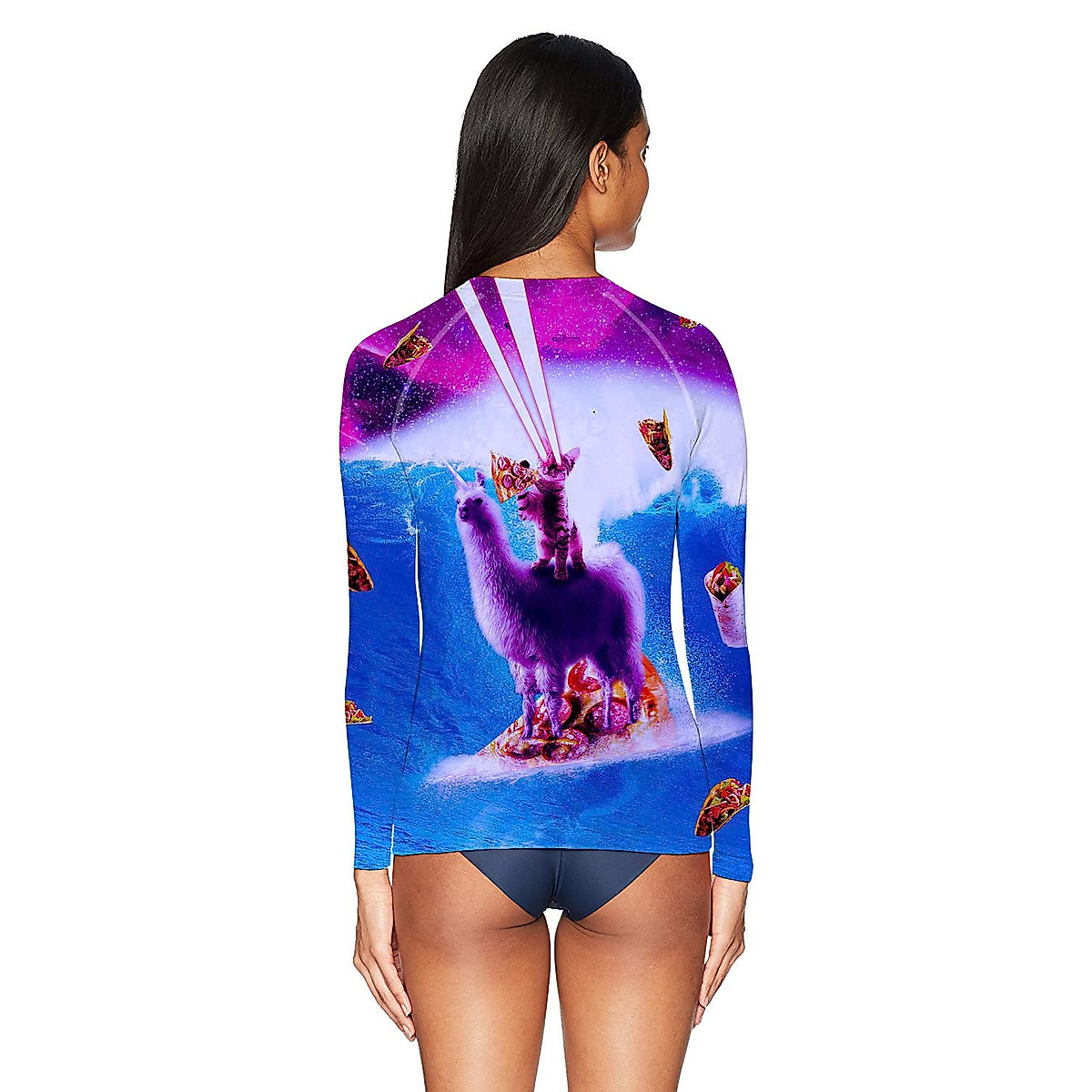 O2TEE Women's Mixed Print Cat Donut Long Sleeve Swim Tee Rash Guard Coverup,Medium