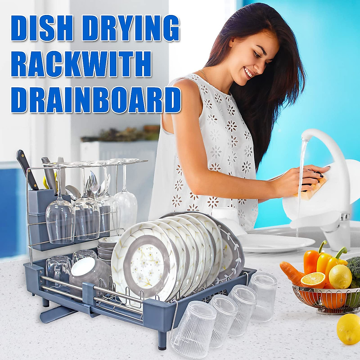 DOFIMATE Expandable Dish Drying Rack,Dish Racks with Drainboard,Multifunctional Stainless Steel Dish Rack for Kitchen Counter