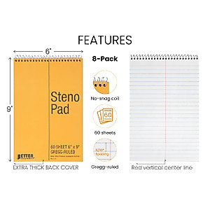 Better Office Products Spiral Steno Pads, 8 Pack, 6 x 9 inches, 60 Sheets, White Paper, Gregg Rule, Natural Board Cover, 8 Steno Notebooks