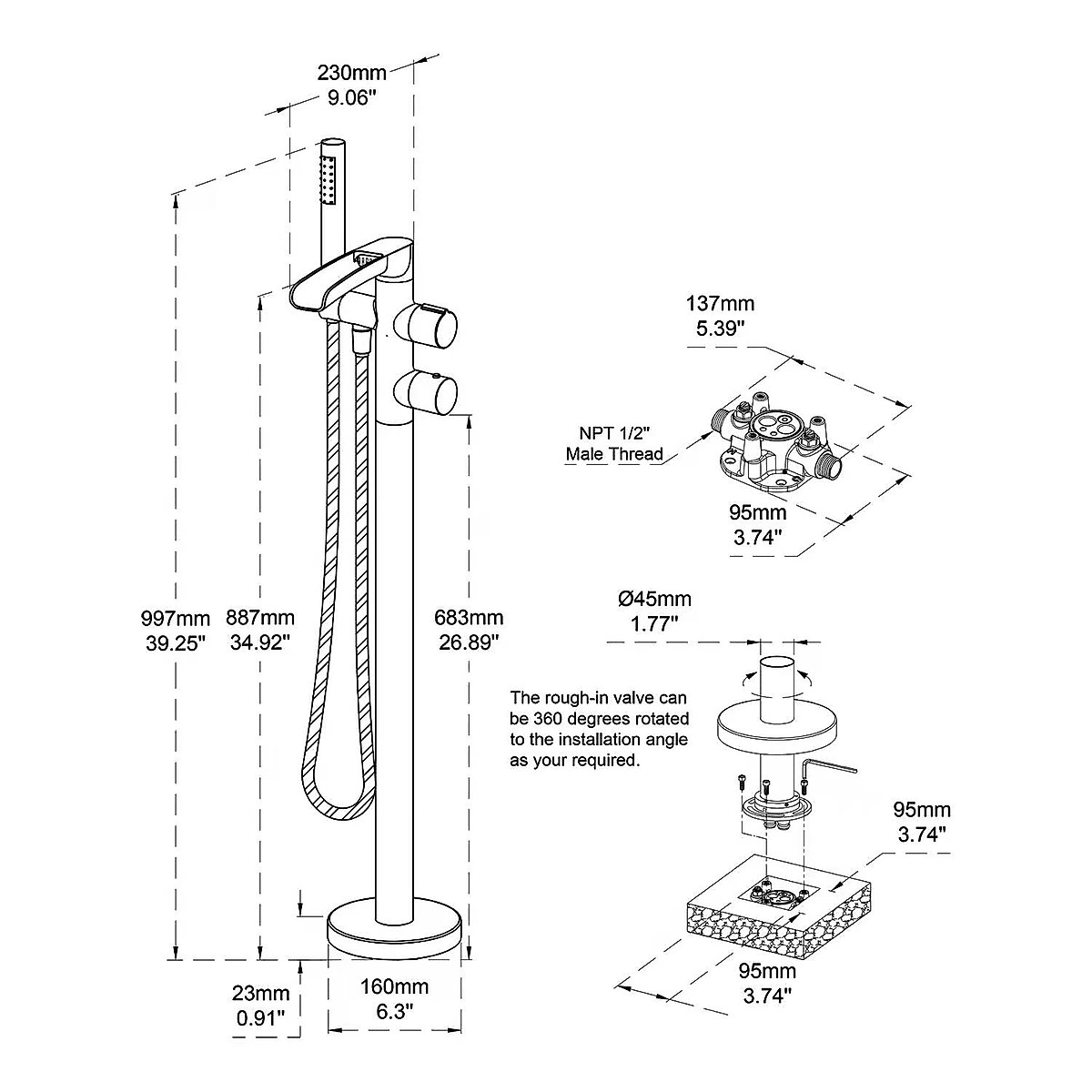 Qinkell Freestanding Thermostatic Bathtub Faucet Floor Mount Waterfall Tub Filler Brushed Gold Bathroom Taps with Handheld Shower