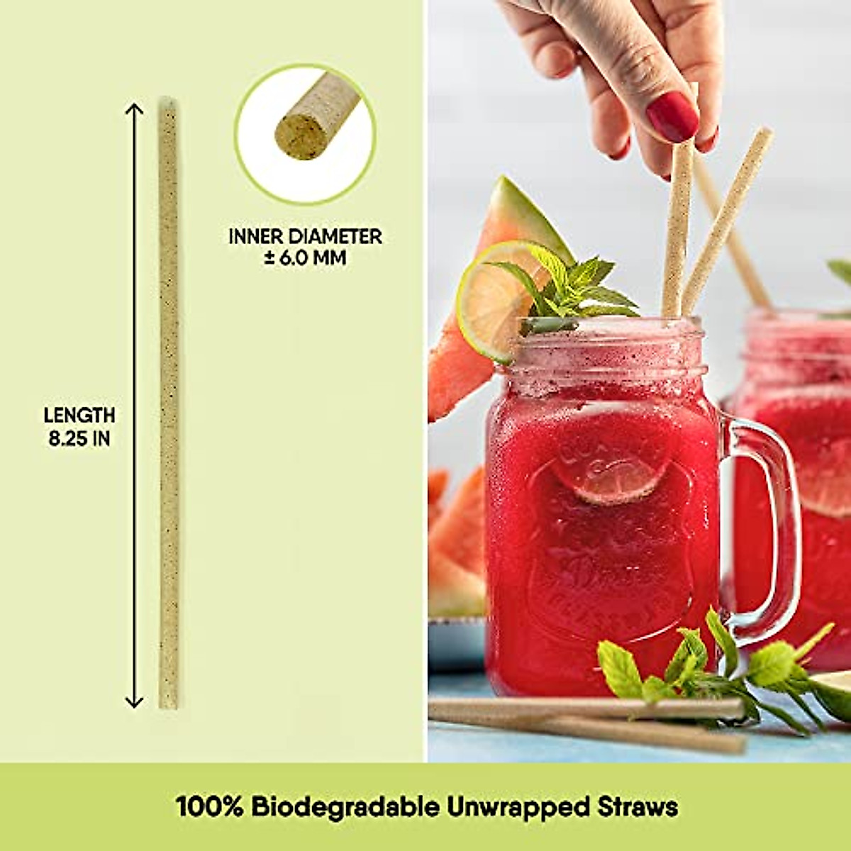 The Veggie Straws – 100 PCS of 8.25 Inches Unwrapped Biodegradable Straws – Made of Vegetable Fibers, Best Environment Friendly Drinking Straws for Hot and Cold Beverages