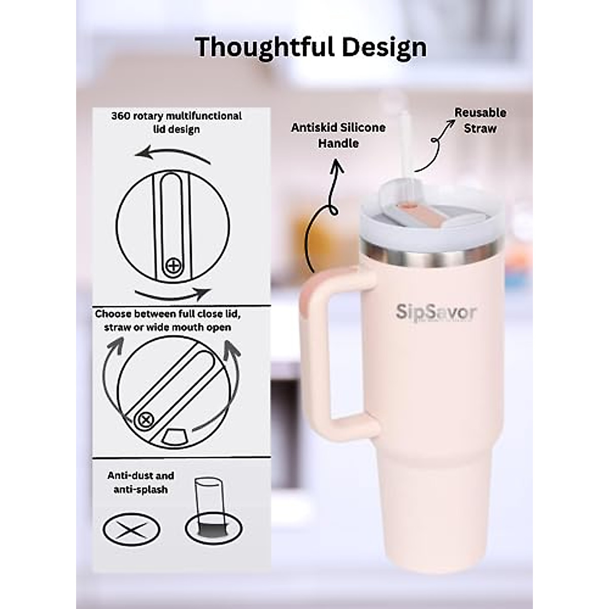 SipSavor 40 OZ Quencher H2.0 Stainless Steel Leakproof Vacuum Insulated | Tumbler with Lid and Straw | Thermos Mugs | Travel Cup for Hot and Cold Drinks (Rose Quartz)