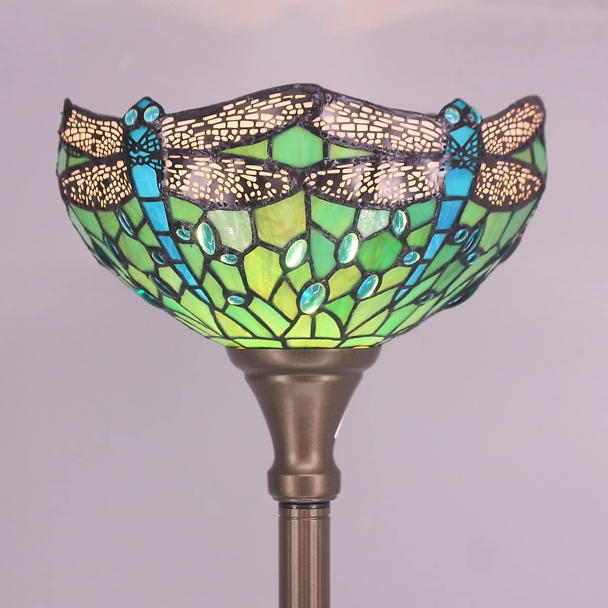 ZJART Tiffany Floor Lamp Torchiere Stained Glass Torch Lamp 12X12X67 Inch Antique Standing Corner Light (Green Dragonfly)