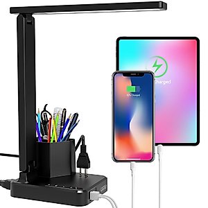 Desk Lamp,Desk Lamps for Home Office,COZOO LED Desk Lamp with 2 USB Charging Ports,2 Pen Holders,1 Outlet,3 Color 3 Brightness Levels,Touch/Memory/Timer,LED Desk Light Small Desk Lamp Kids Study Lamp