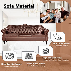 AVZEAR 82" Three Seater Sofa, Chesterfield Sofa, Mid-Century Modern PU Upholstered Sofa, Deep Button Tufted Living Room Sofa with Two Throw Pillows, Brown