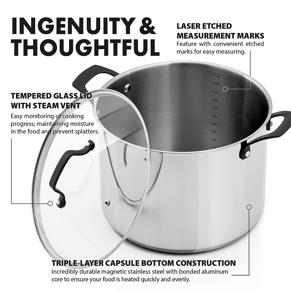 GrandTies Tri-Ply Stainless Steel Stock Pot Induction Cookware – 12 QT Capsule Bottom Stainless Steel Pot, Marquina Black Metal Handles Kitchen Cooking large Pot with Lid, Dishwasher Safe Pot & Pan