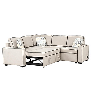 P PURLOVE L-Shaped Pull Out Sleeper Sofa Bed, Modern Convertible Sleeper Sofa with 2 USB Ports, 2 Power Sockets and 3 Pillows, L Shape Linen Sectional Sofa for Living Room, Bedroom, Office, Cream