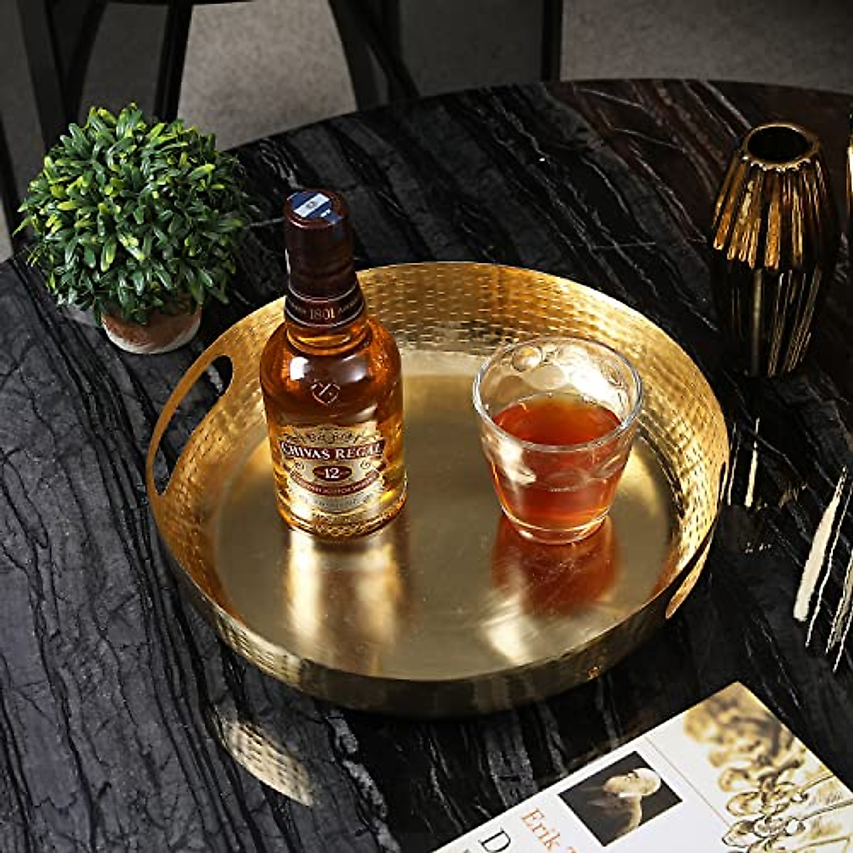 MyGift 12 Inch Round Brass Metal Handcrafted Unique Serving Tray with Hammered Pattern Design and Cut Out Handles, Decorative Coffee Table Tray - Handmade in India