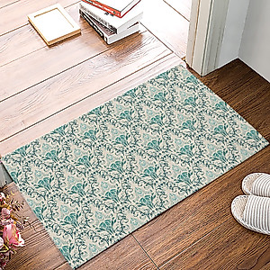 Teal Da-mask Doormat Kitchen Bathroom Rug Floor Door Mat,Vintage European Paris Paisley Baro-que Floral Non Slid Indoor Entrance Mat,Absorbent Washable Welcome Entry Way Throw Runner Carpet,18"x30"