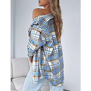 LUYAA Plaid Shirts for Women Long Sleeve Oversized Flannel Shirts Shacket Fleece Lined Coat Trendy 2023 Clothing Blue S
