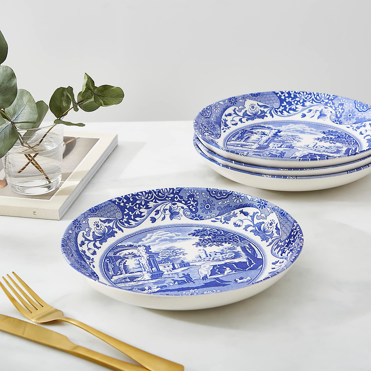 Spode Blue Italian Pasta Bowls | Set of 4 | 9-Inch | Salad, Pasta, and Soup Serving Bowls | Round, Wide, and Shallow Bowl | Microwave Safe Plate | Dishwasher Safe