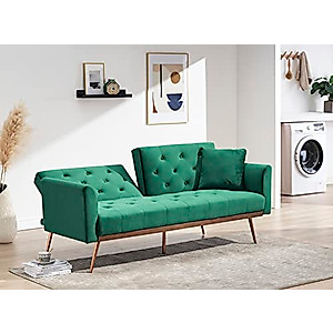 Eafurn Button Tufted Futon Bed, Modern Convertible Loveseat, Comfy Upholstered Folding Sofa & Couches with Armrest for Apartment, Compact Sofabed, Green Velvet 68.3" w/Wood Trim