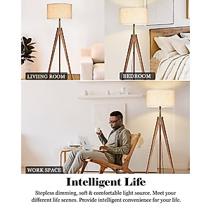 ELYONA Tripod Floor Lamp with Remote for Bedroom, Solid Ash Wood, Stepless Dimmer & Color Temperature LED Bulb Included, Mid Century Modern Touch Control Standing Light for Living Room, Brown