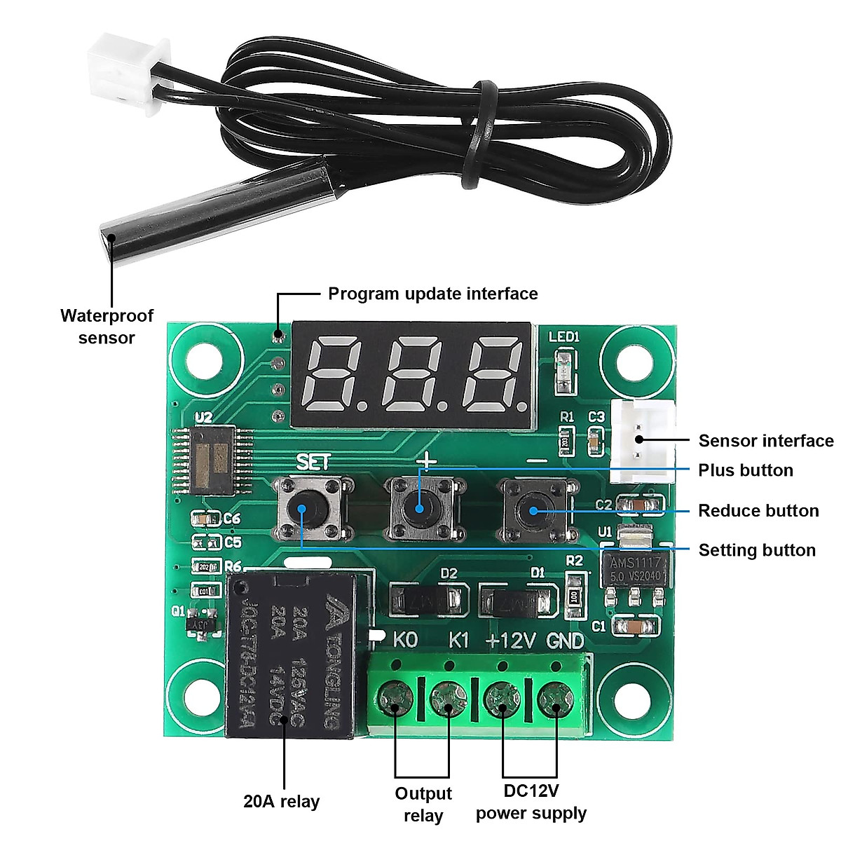 AEDIKO W1209 DC 12V Digital Temperature Controller Board Blue Digital Display Thermostat -50-110°C Electronic Temperature Temp Control Module Switch with Waterproof Case (1-Pack)