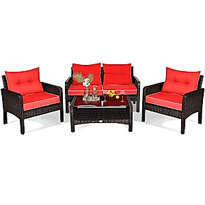 HAPPYGRILL 4-Piece Patio Furniture Set Outdoor Rattan Wicker Sofa Set with Cushions & Coffee Table, Conversation Sofa Set with Tempered Glass Table Top and Storage Shelf