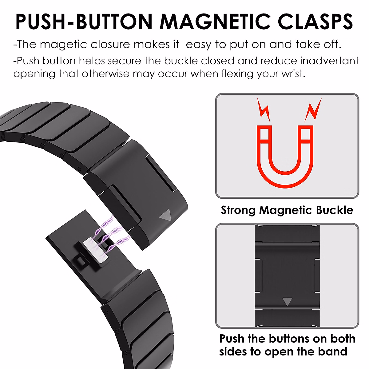 CHANCHY Stainless Steel Band for Samsung Galaxy Watch 7, No Gap Link Bracelet with Magnetic Clasp Metal Strap for Galaxy Watch 7 FE 6 5 4 Band 40mm 44mm 45mm 43mm 47mm 42mm 46mm for Men, Black