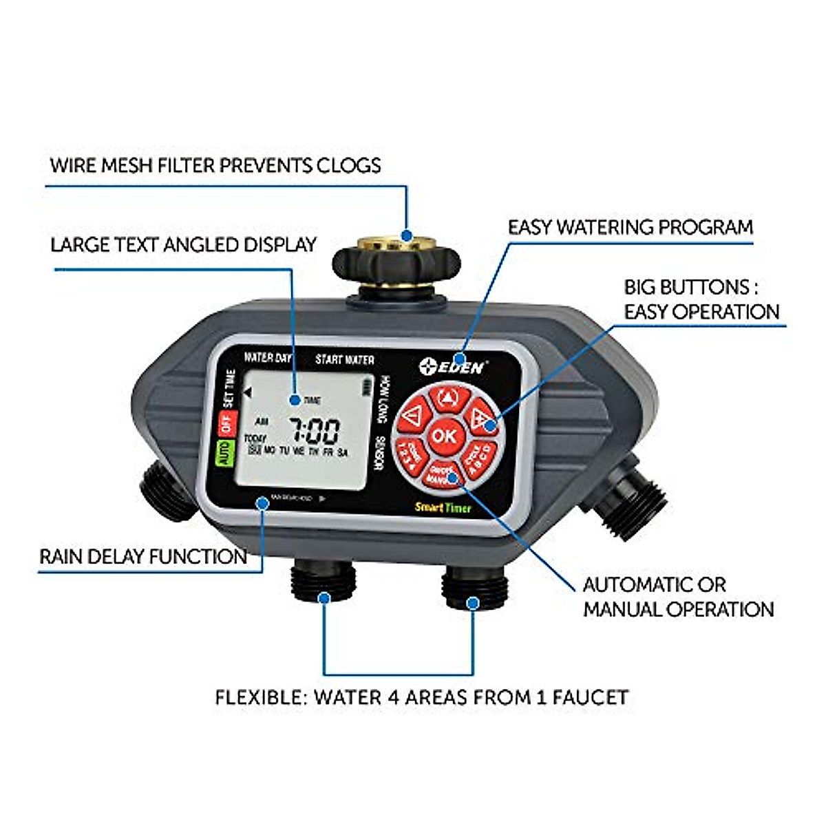 Eden 93413 Programmable Digital Water Timer 4-Zone, Compatible with Wireless Soil Moisture Sensor