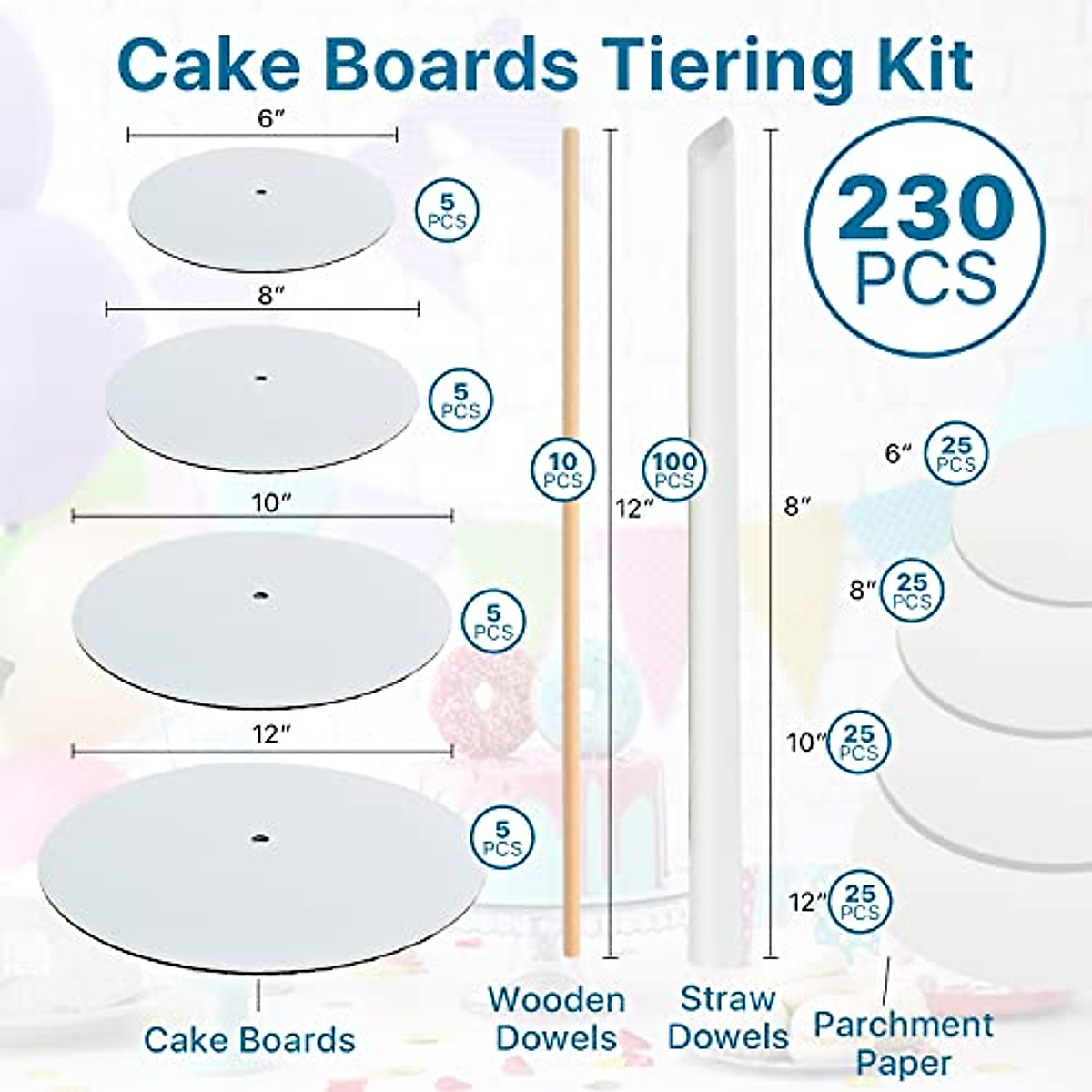 Akamino 230 PCS Cake Boards Tiering Kit, 12 Inch,10 Inch, 8 Inch, 6 Inch Round Cake Cardboard, Parchment Paper Rounds with Wooden Dowels and Straw Dowels for Wedding Birthday Party (White)