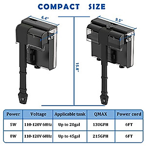 TOHIDAQU Aquarium Fish Tank Filters - 5W 130GPH Hang On Aquarium Filter with Surface Skimmer - Quiet Adjustable Waterfall Turtle Filter for 10-20 Gallon…