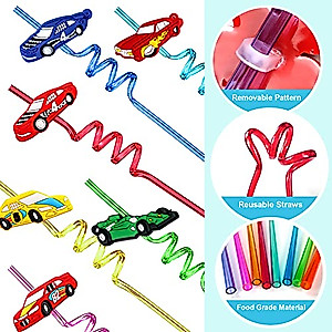 24 Race Car Party Favors Reusable Drinking Straws for Kids Boys Racecar Wheels Birthday Decorations Two Fast Party Supplies Drinking Markers