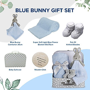 Baby Boy Gift Set New Born Baby Gifts Baby Blue Bunny Security Blanket Soft Fleece, Suitcase Keepsake Box Blanket Booties & Baby Gift Basket – Unique Present for Baby Shower & Newborn Lovey Welcome