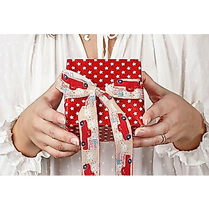 Threetols Patriotic Wired Edge Ribbons 2.5" 10 Yards, Red Truck Wired Ribbon Veterans Day America Flag Fabric Craft Ribbon Fireworks Ribbon for Holiday Party DIY Craft Patriotic Decoration Wreaths Bow