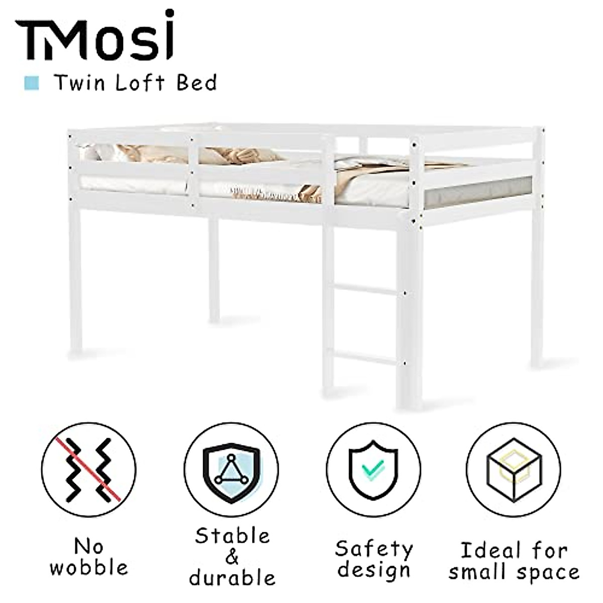 Tmosi Low Loft Bed Twin,Solid Wood Kids Twin Bed Frame with Ladders and Guard Rails,Space Saving Twin Size Loft Bed for Girl Boy,No Box Spring Needed,Easy to Assembly (Built-in Ladder-White)