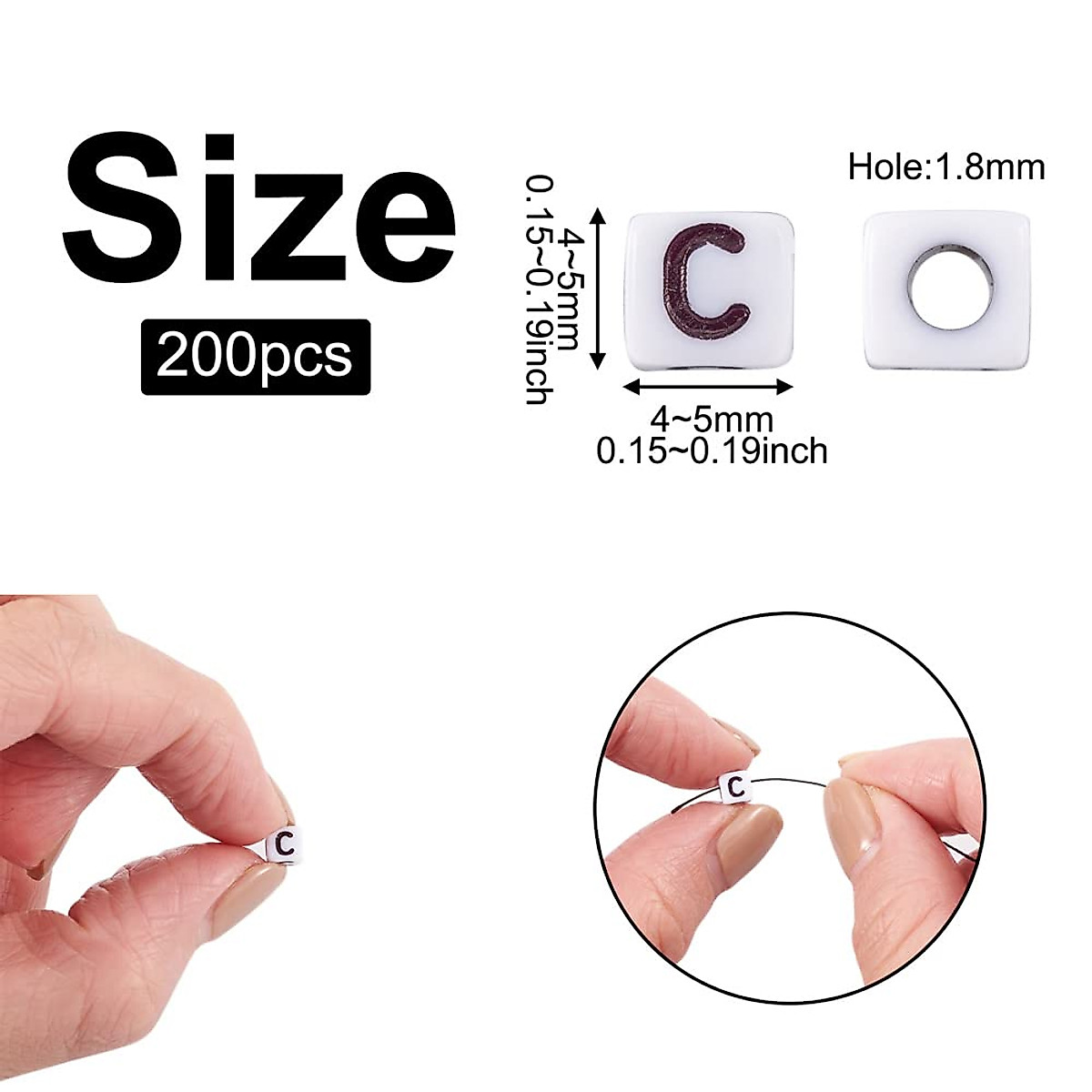 240pcs Opaque Acrylic Letter C Cube Beads White Plastic Alphabet Loose Spacer Square Beads 4-5mm for DIY Name Bracelet Necklace Jewelry Crafts Making Hole: 1.8mm