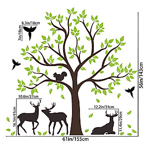 61"x56" Big Green Tree Wall Decals Elk Wall Sticker Leaves Wall Decal DIY Removable Giant Plants Animals Wall Stickers for Baby Kids Girls Bedroom Living Room Nursery Office Sofa Background Home Decor