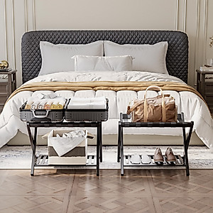 SMIBUY Luggage Rack, Foldable Bamboo Suitcase Stand with Storage Shelf for Guest Room, Bedroom, Hotel, Heavy-Duty, 1 Pack (Black)