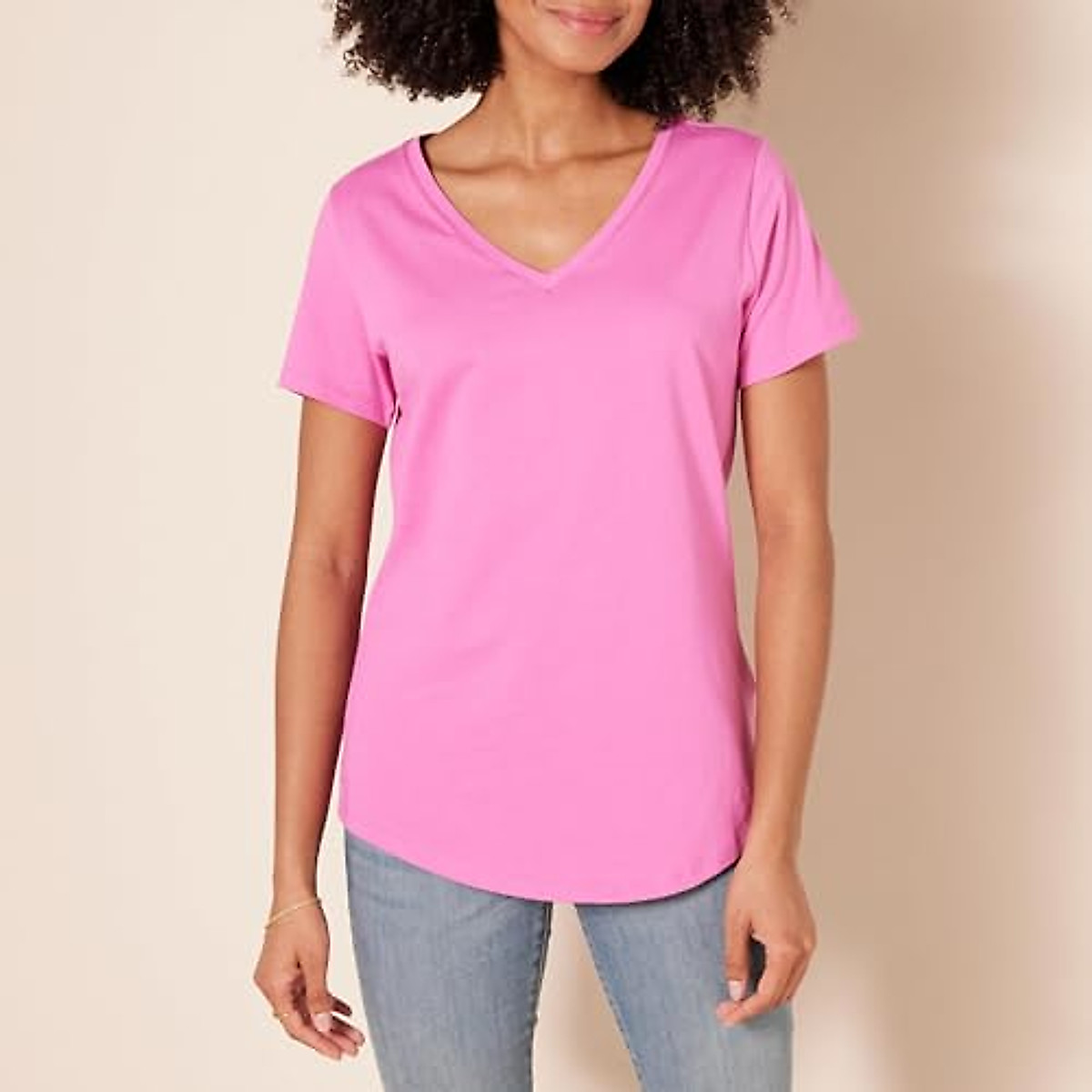 Amazon Essentials Women's Classic-Fit 100% Cotton Short-Sleeve V-Neck T-Shirt (Available in Plus Size), Pack of 2, Light Grey Heather/Bright Pink, Medium
