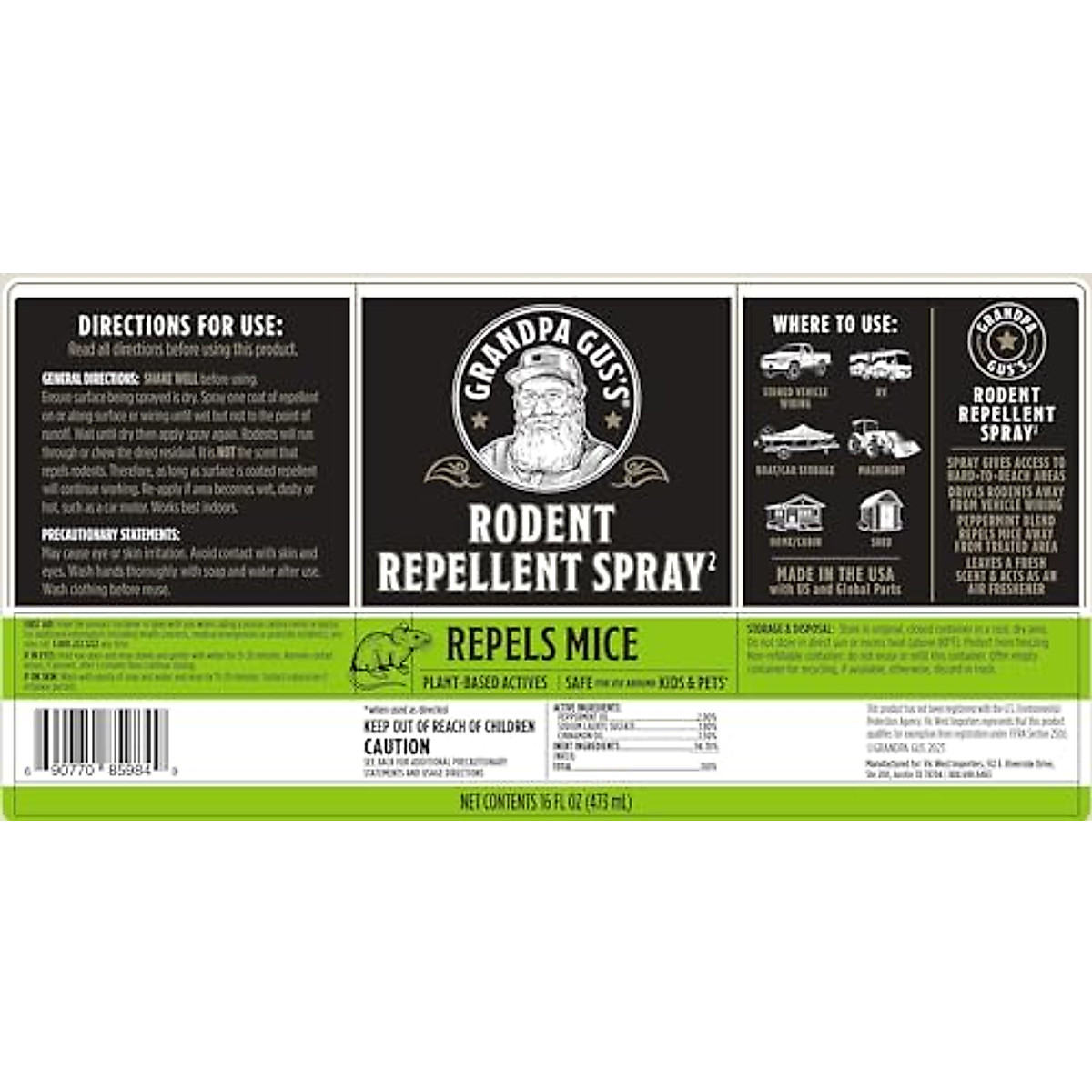 Grandpa Gus's Double-Potent Rodent Repellent Spray, Peppermint & Cinnamon Oil, Prevents Mouse/Rats from Nesting & Chewing on Wires, 16 fl oz (Pack of 1)