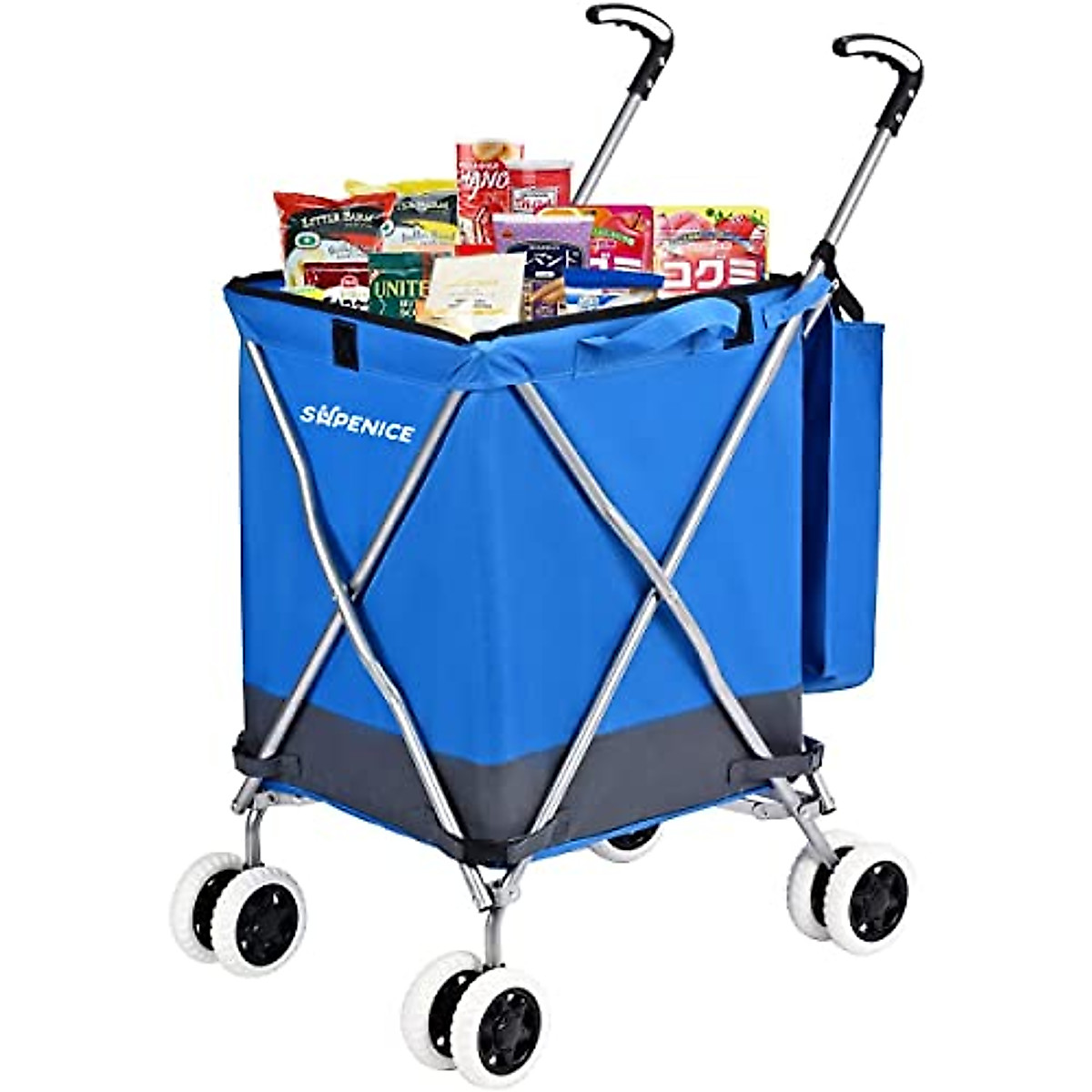 Supenice Folding Grocery Shopping Cart Rolling Utility Cart with 360° Double Front Swivel Wheels Waterproof Removable Canvas Bag with Cover for Laundry Grocery, Shopping, Baggage, Picnic (Blue)