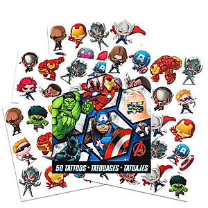 Marvel Avengers Temporary Tattoos - 50 Superhero Tattoos Featuring Iron Man, Thor, Hulk, Captain America and More (Avengers Party Supplies and Favors)