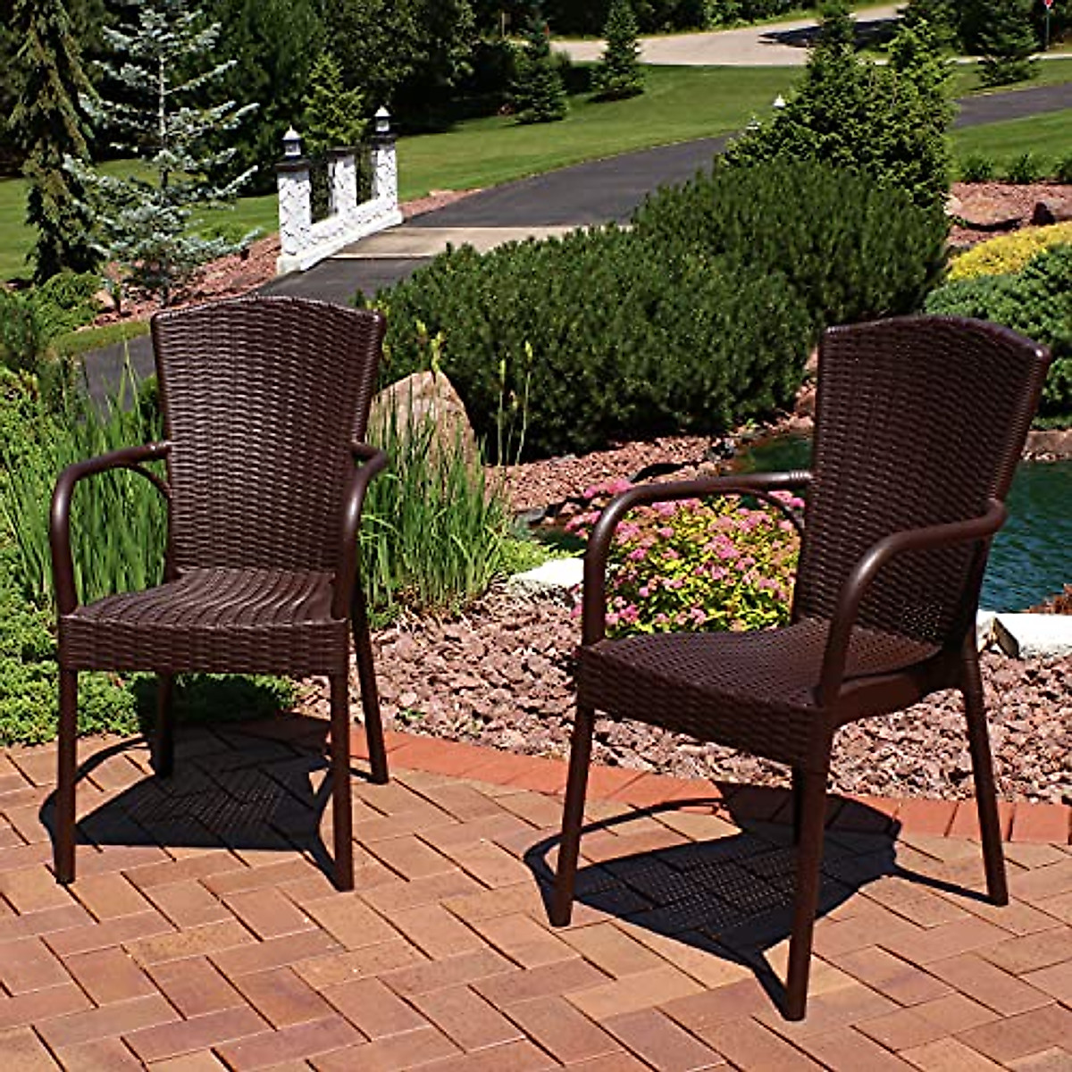 Sunnydaze Segesta All-Weather Plastic Outdoor Dining Chair - Commercial Grade Faux Wicker Design Armchair - Lawn and Garden Chair - Indoor/Outdoor Use - Wenge - 2 Chairs