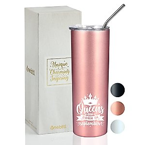 Onebttl Birthday Gifts for Women, Her, Girlfriend, Mom, Best Friends, Aunt, 20oz Stainless Steel Skinny Tumbler with Lid and Straw, Queens are Born in September - Rosegold