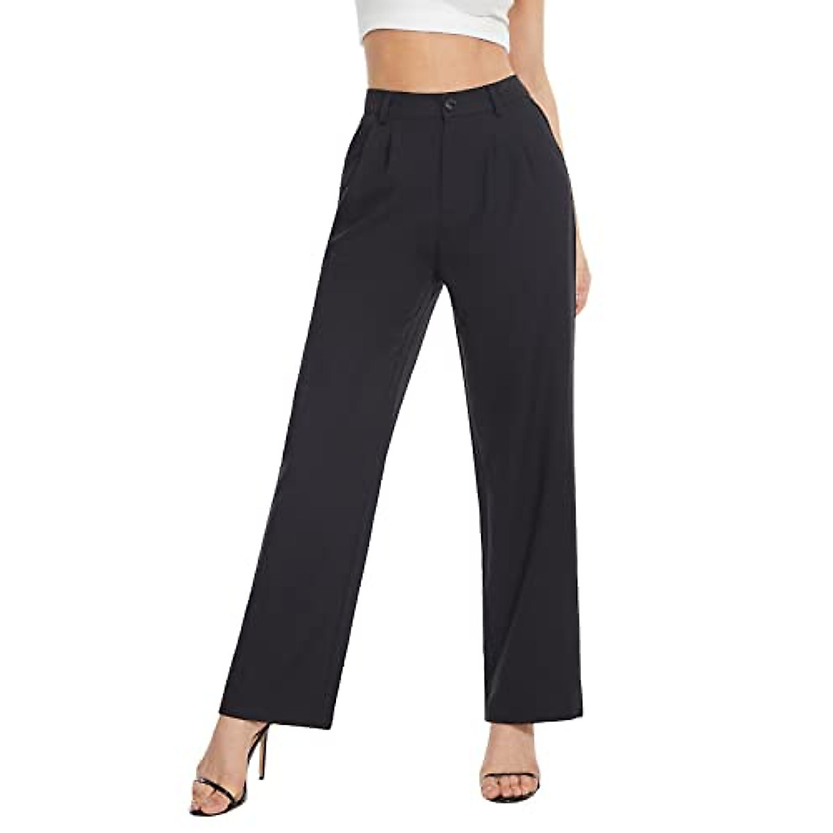 Tapata Womens Wide Leg High Waist Straight Leg Casual Pants Stretch Comfy Pockets Relaxed Fit, Black, 2