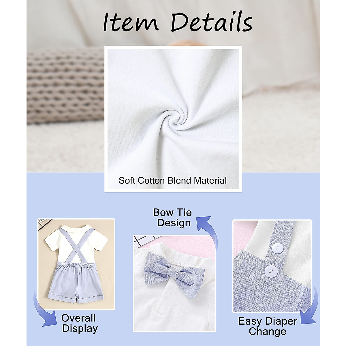 bilison Baby Boy Clothes Gentleman Bowtie Romper and Overalls Suspenders Pants Wedding Tuxedo Outfits(blue,0-6m)