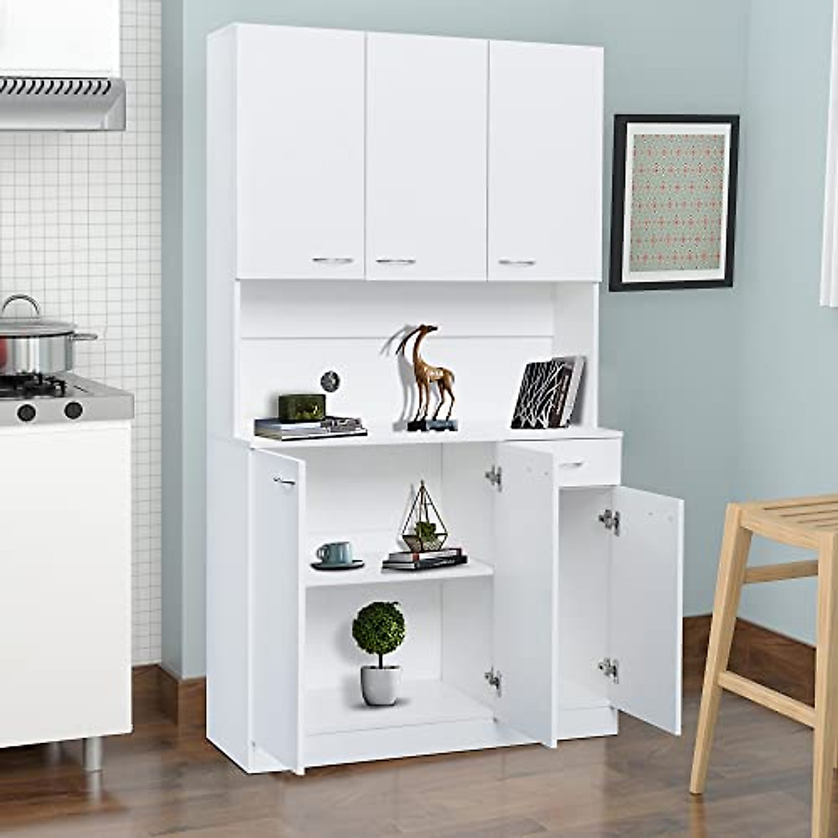 Large Kitchen Storage Cabinet, Cabinet Buffet Cabinet 71" Freestanding Kitchen Pantry Cabinet Cupboard with 6 Doors and 1 Drawer Versatile Wardrobe & Kitchen Cabinet, White