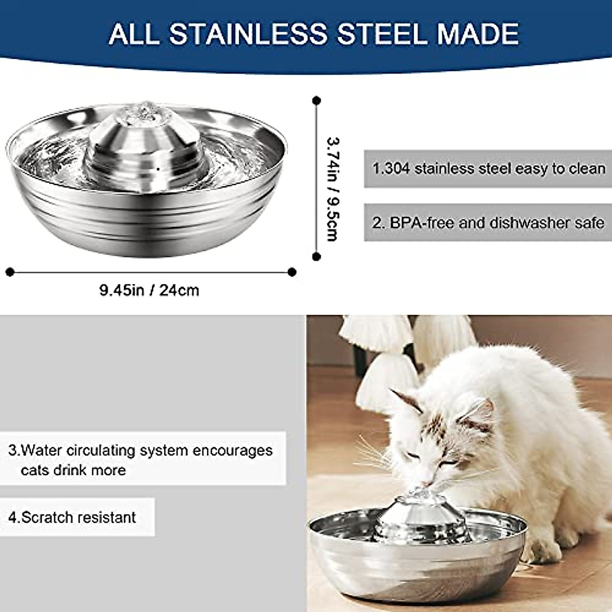 OPOLEMIN Stainless Steel Cat Water Fountain with 8 Replacement Filters, 67oz/2L Cat Water Dispenser Easy Assemble& Clean, Pet Water Fountain for Small Cats Dogs Inside (with Power Adapter)
